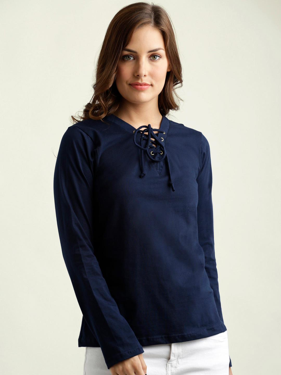 Buy Miss Chase Women Navy Blue Solid Pure Cotton Top - Tops for Women ...