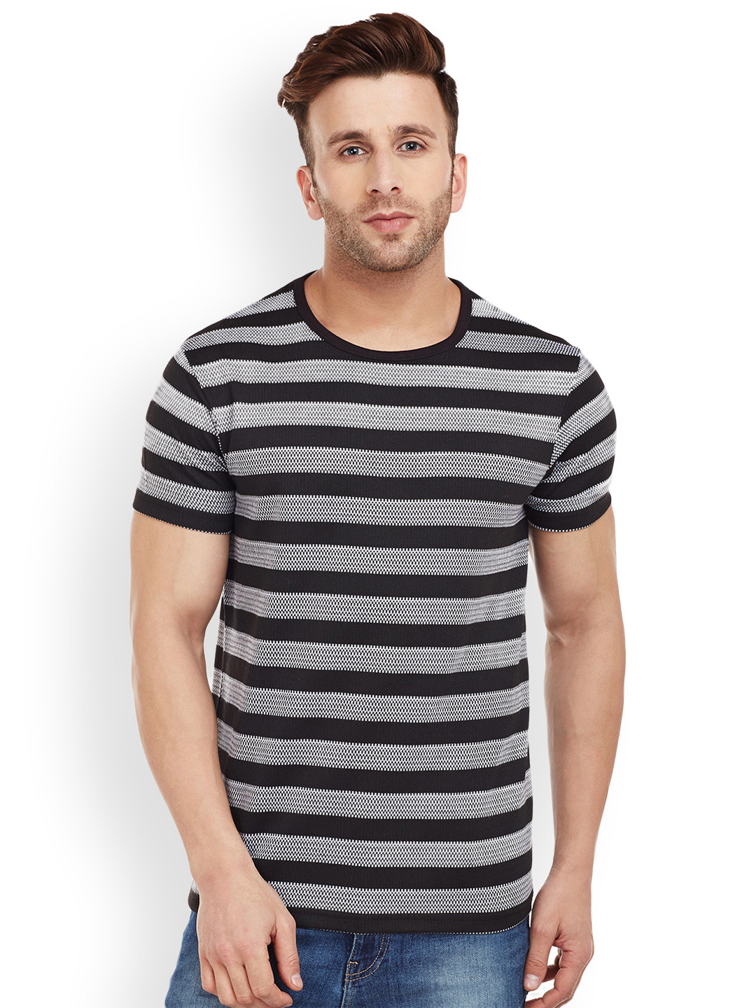 Buy MACK JONNEY Men Black Striped Round Neck T Shirt - Tshirts for Men 5831116 | Myntra