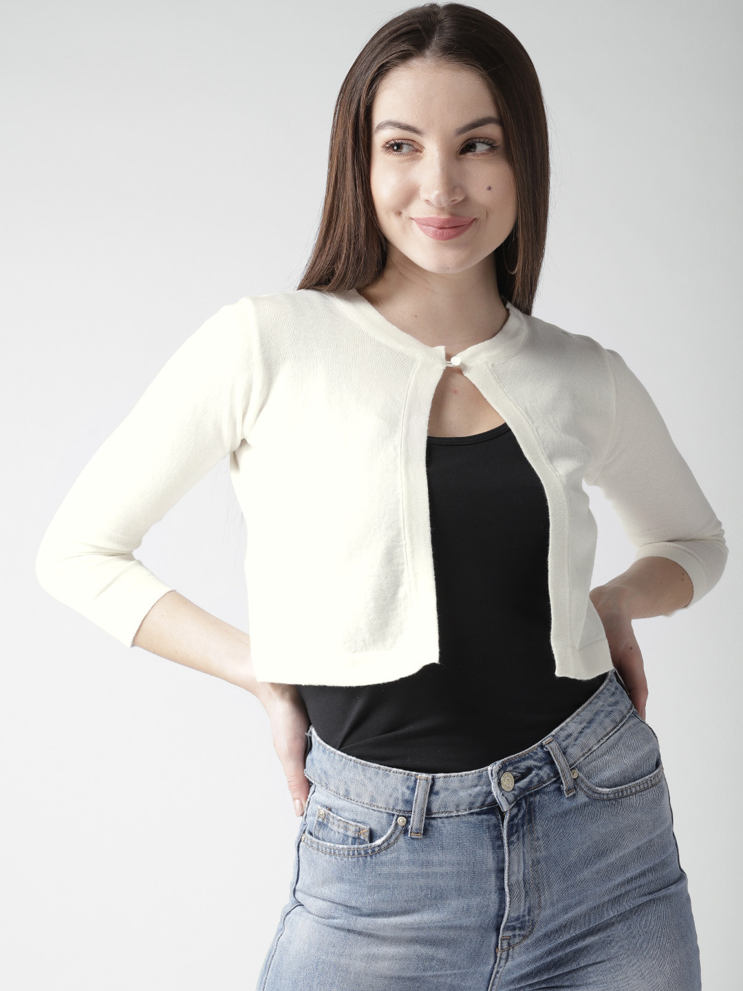 Buy Style Quotient By Noi Off White Solid Crop Shrug - Shrug for Women ...