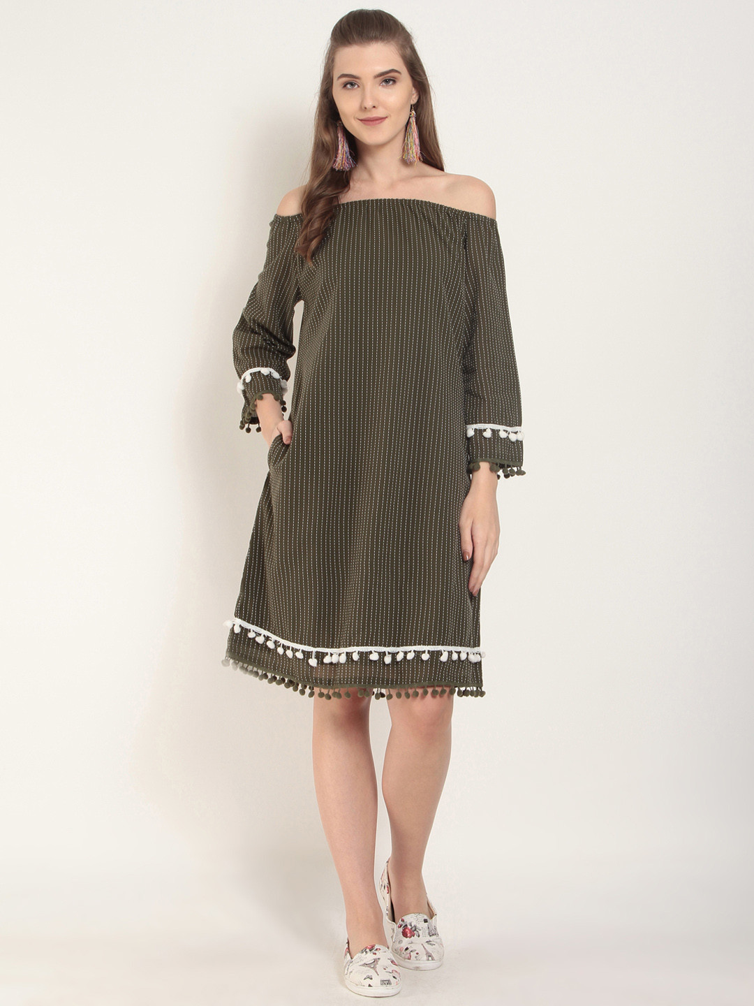 Buy RARE ROOTS Women Olive Green Self Design A Line Dress - Dresses for ...