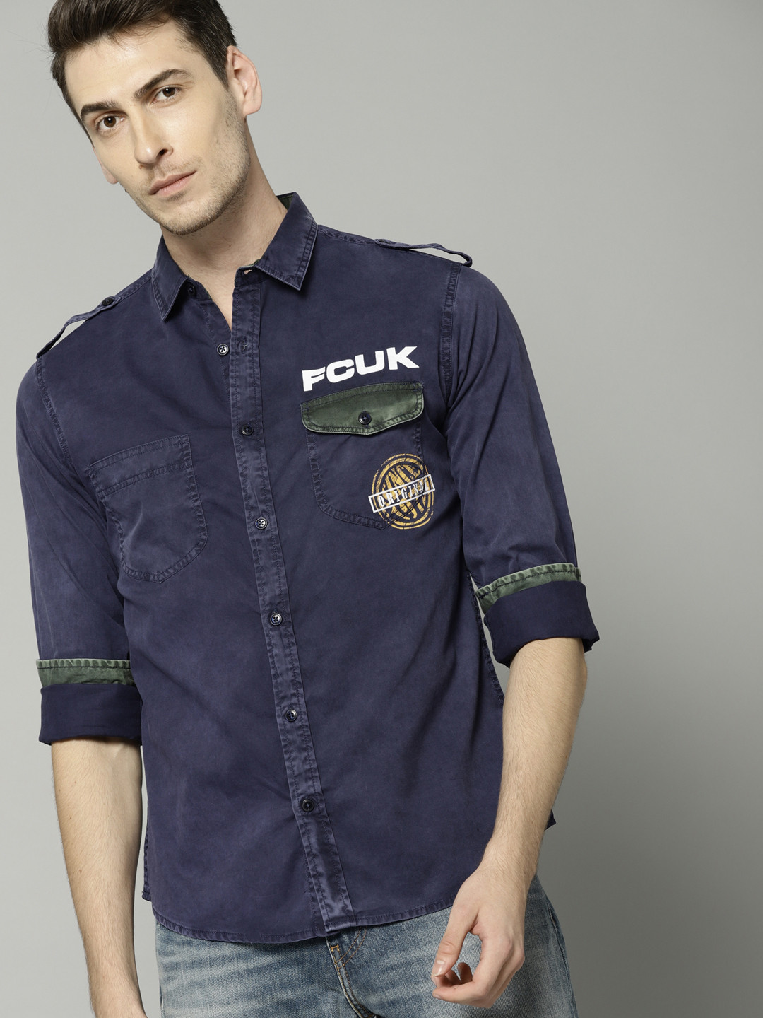 Buy French Connection Men Navy Blue Slim Fit Solid Casual Shirt ...
