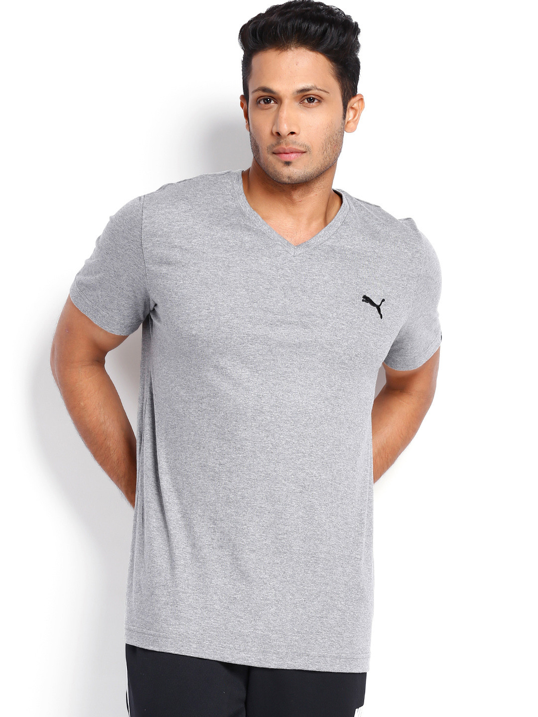Buy PUMA Men Grey Melange ESS V Neck Pure Cotton T Shirt - Tshirts for ...