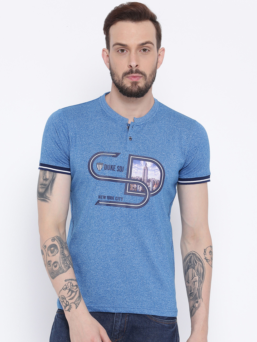 Buy Duke Men Blue Printed Henley Neck T Shirt - Tshirts for Men 6435338 ...
