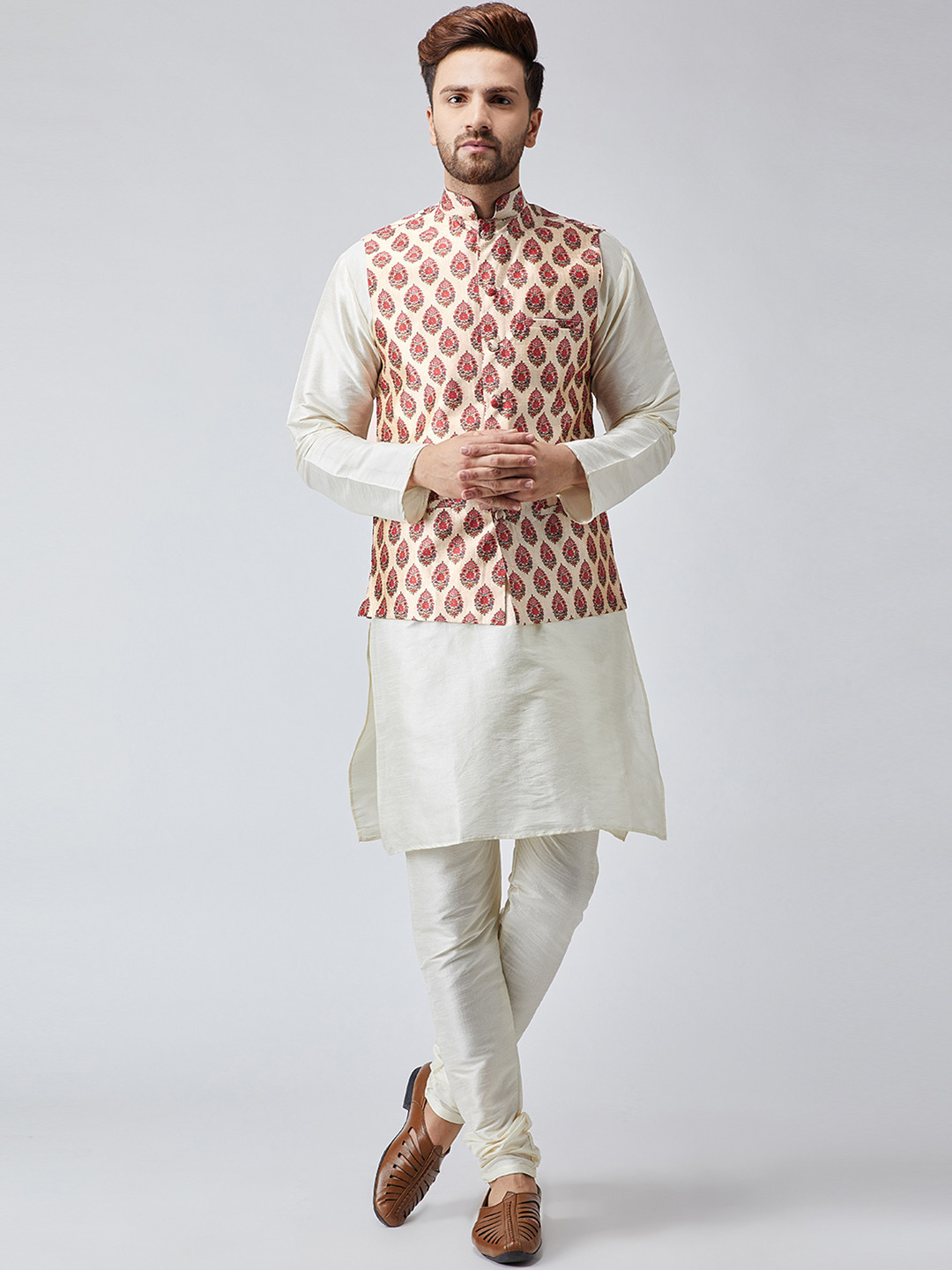 Buy SOJANYA Men Off White & Maroon Self Design Kurta With Churidar ...