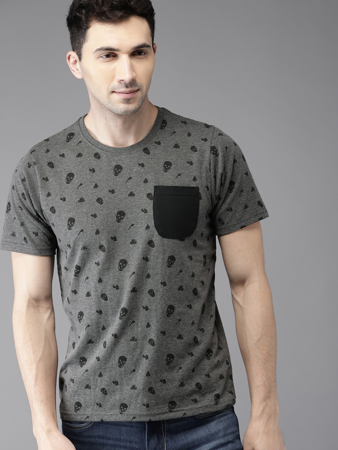 Buy Hereandnow Men Charcoal Grey Printed Round Neck T Shirt Tshirts For