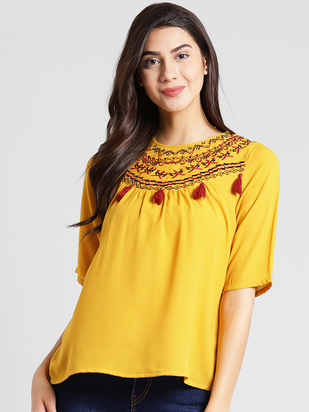 Buy PlusS Women Yellow Self Design A Line Top - Tops for Women 6521618 ...