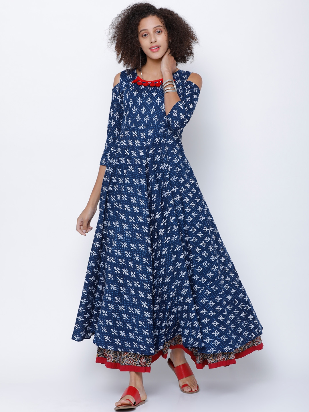 Buy Vishudh Women Navy Blue And White Printed Anarkali Kurta Kurtas For