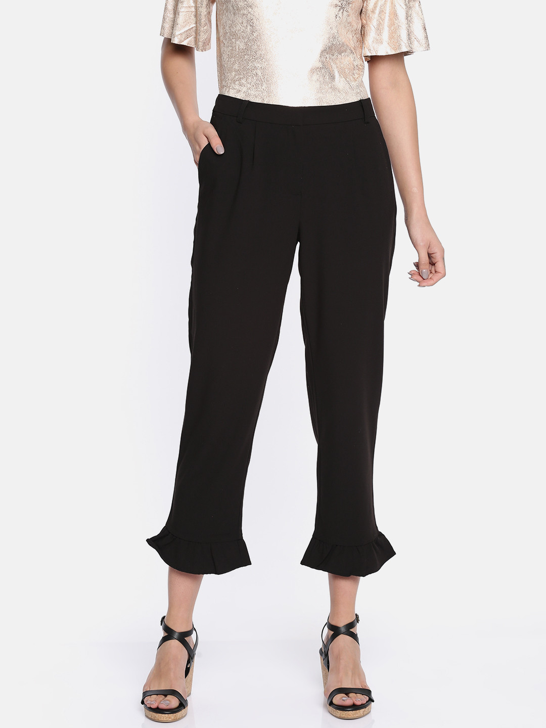 Buy ONLY Women Black Regular Fit Solid Trousers - Trousers for Women ...