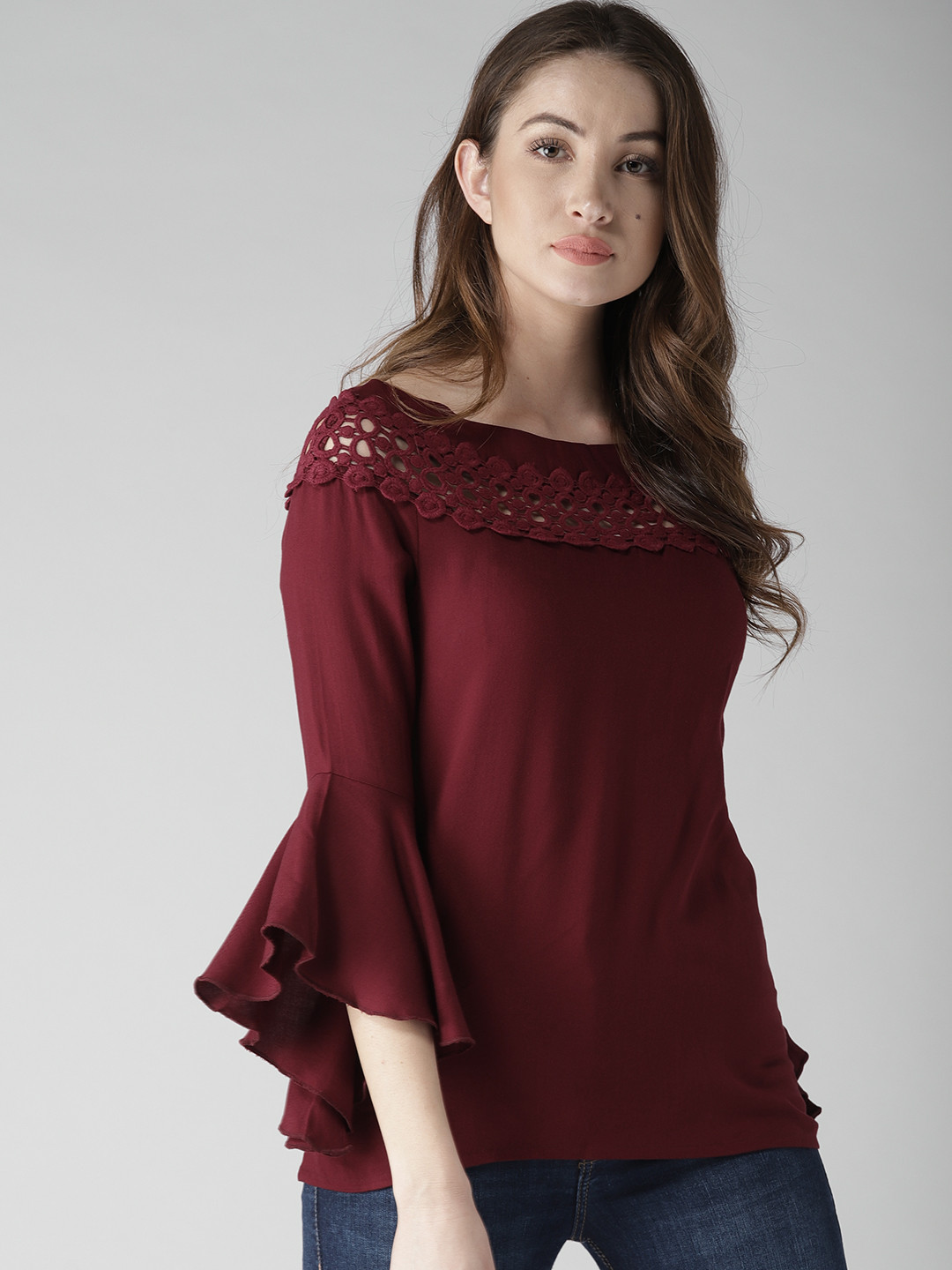 Buy Style Quotient Maroon Lace Top With Bell Sleeves - Tops for Women ...