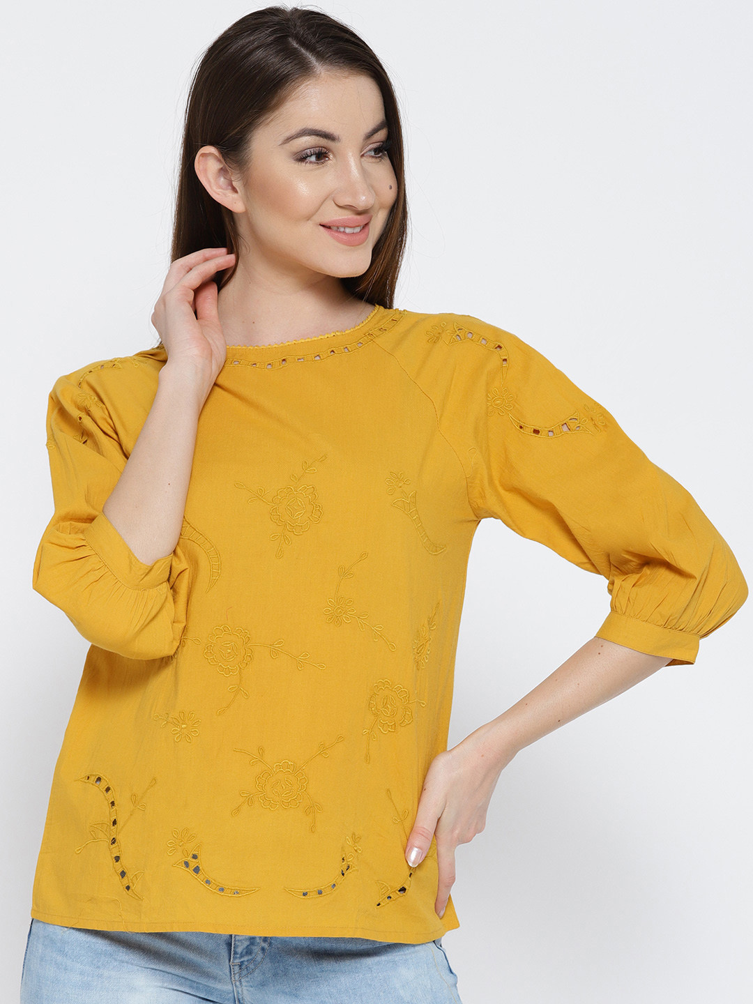 Buy SCOUP Women Mustard Yellow Embroidered Top - Tops for Women 6544779 ...
