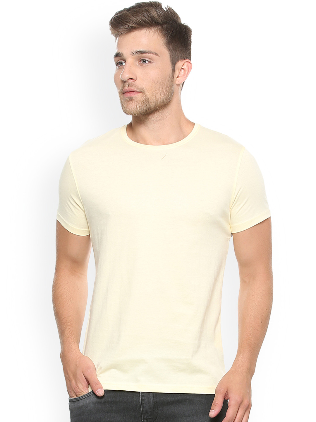 Buy People Men Yellow Solid Round Neck T Shirt - Tshirts for Men 6557929 | Myntra
