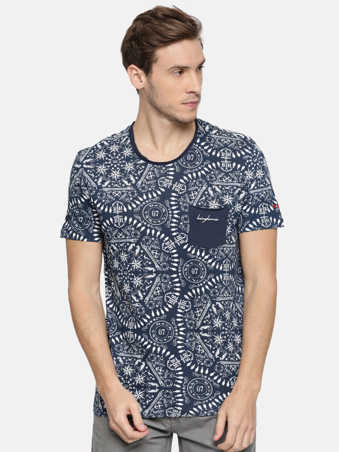 Buy Being Human Clothing Men Navy Blue Printed Round Neck Pure Cotton T ...