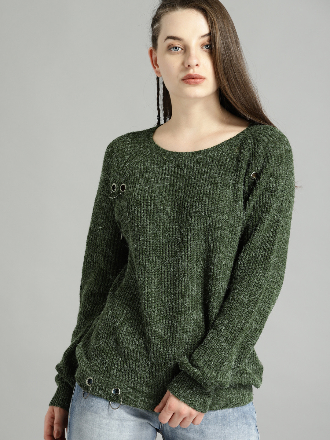 Buy Roadster Women Olive Green Solid Pullover - Sweaters for Women ...