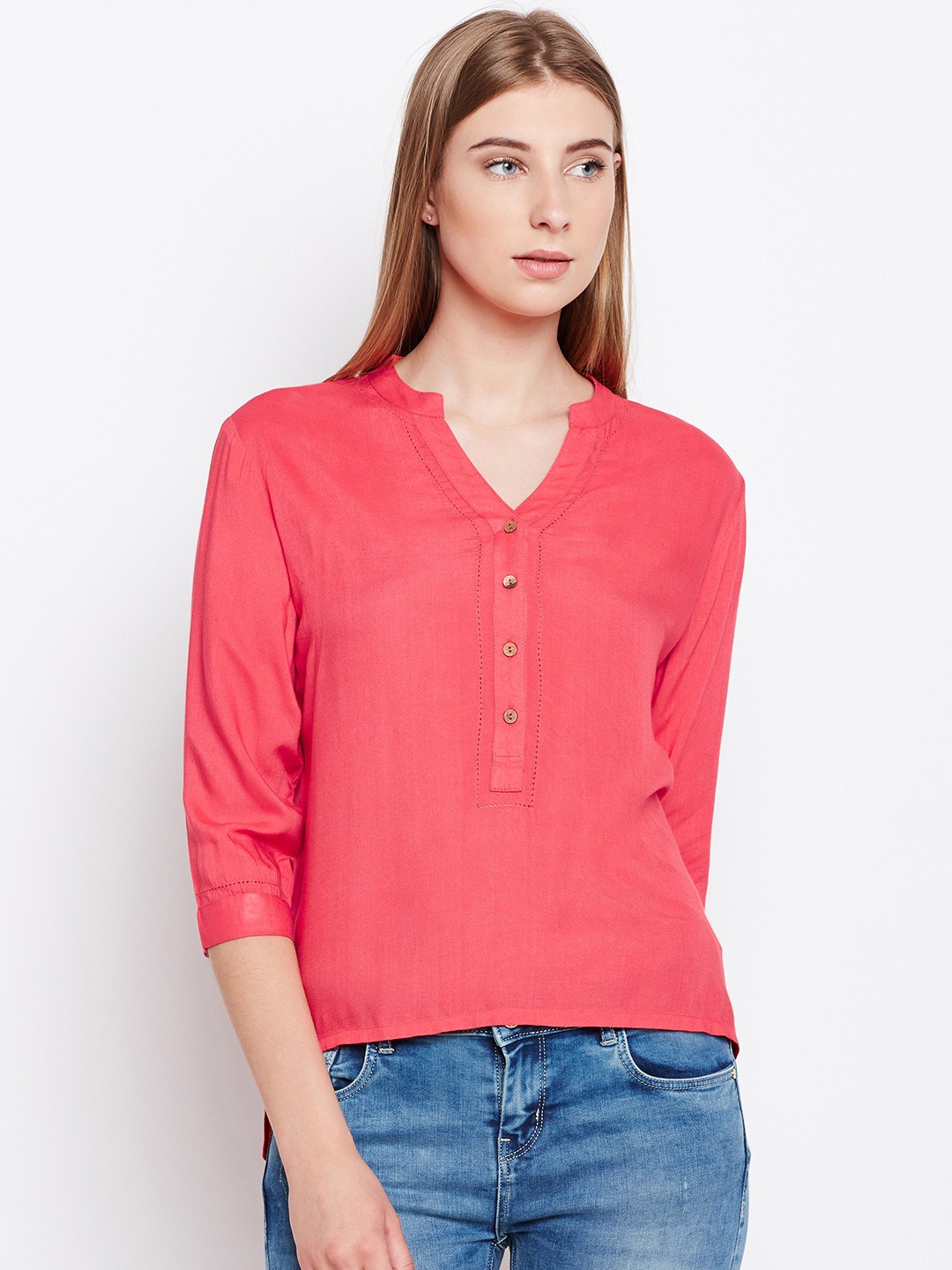 Buy Monte Carlo Women Coral Pink Solid Shirt Style Top Tops For Women