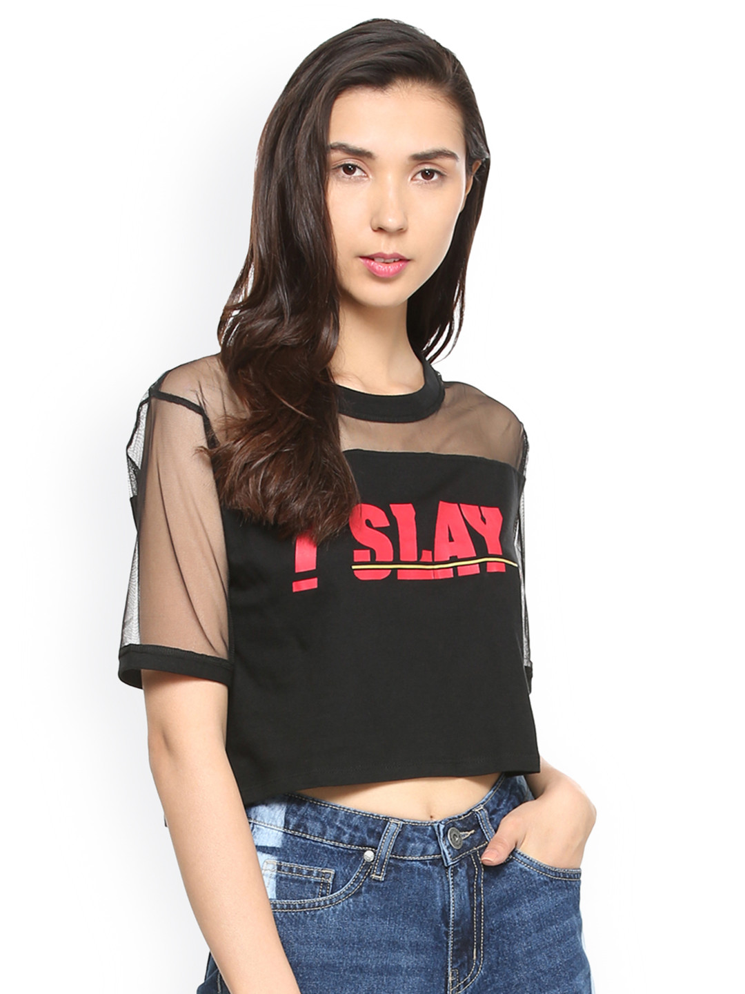 Buy People Women Black Printed Semi Sheer Boxy Crop Top - Tops for ...