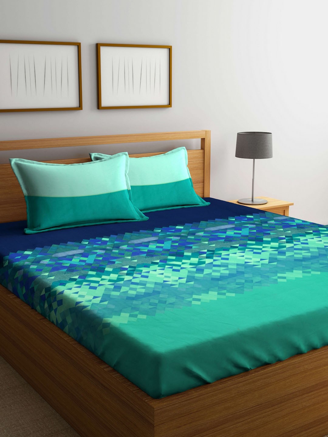 Buy Mytrident Teal Abstract Flat 210 Tc Cotton 1 King Bedsheet With 2