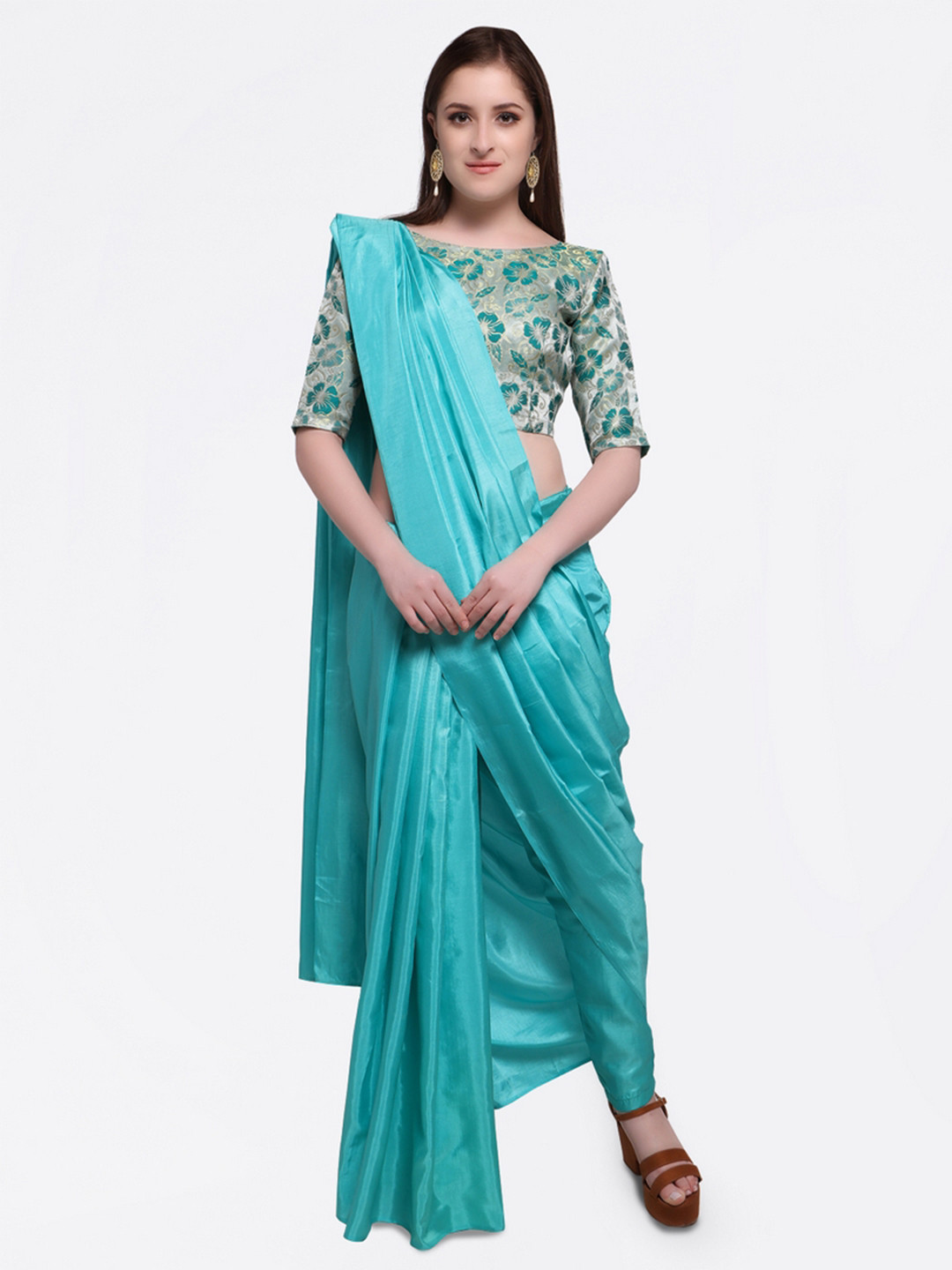 Buy Colors Turquoise Blue Solid Art Silk Fusion Saree With Trouser ...