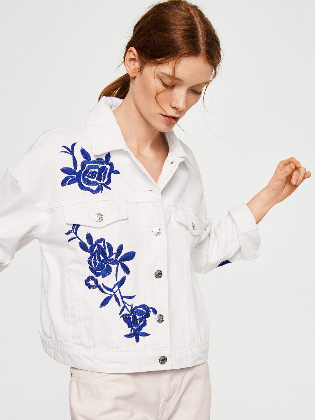 Buy MANGO Women White Embroidered Denim Jacket - Jackets for Women ...