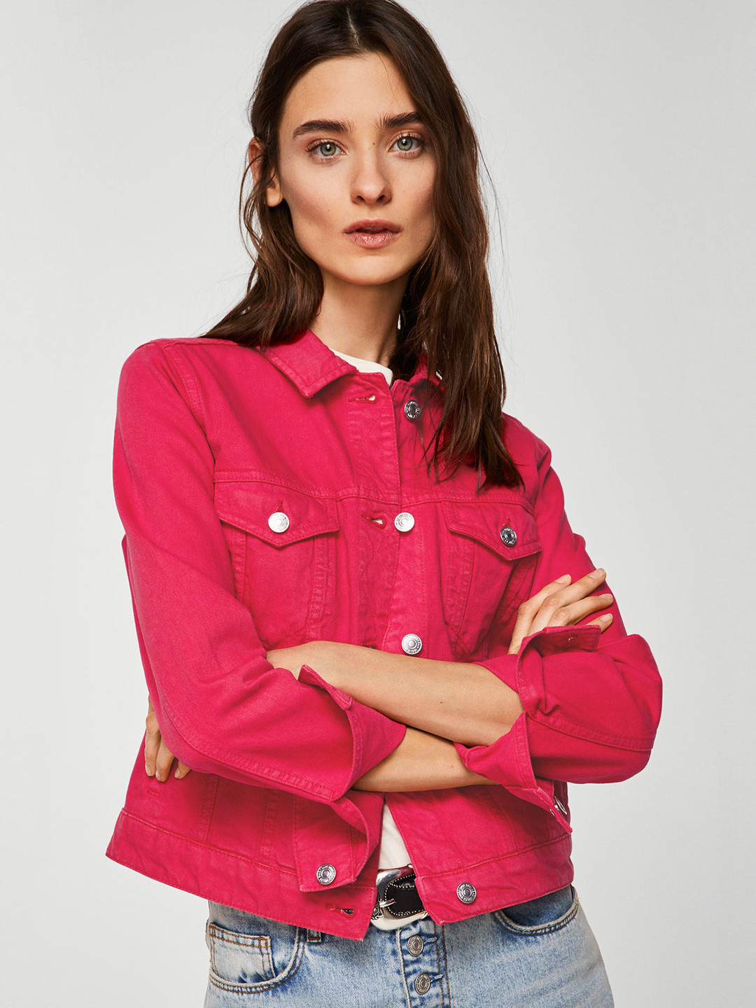 Buy MANGO Women Pink Solid Denim Jacket - Jackets for Women 6612477 ...