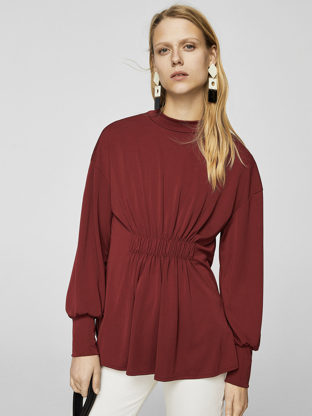 Buy MANGO Women Rust Red Solid Cinched Waist Top - Tops for Women ...