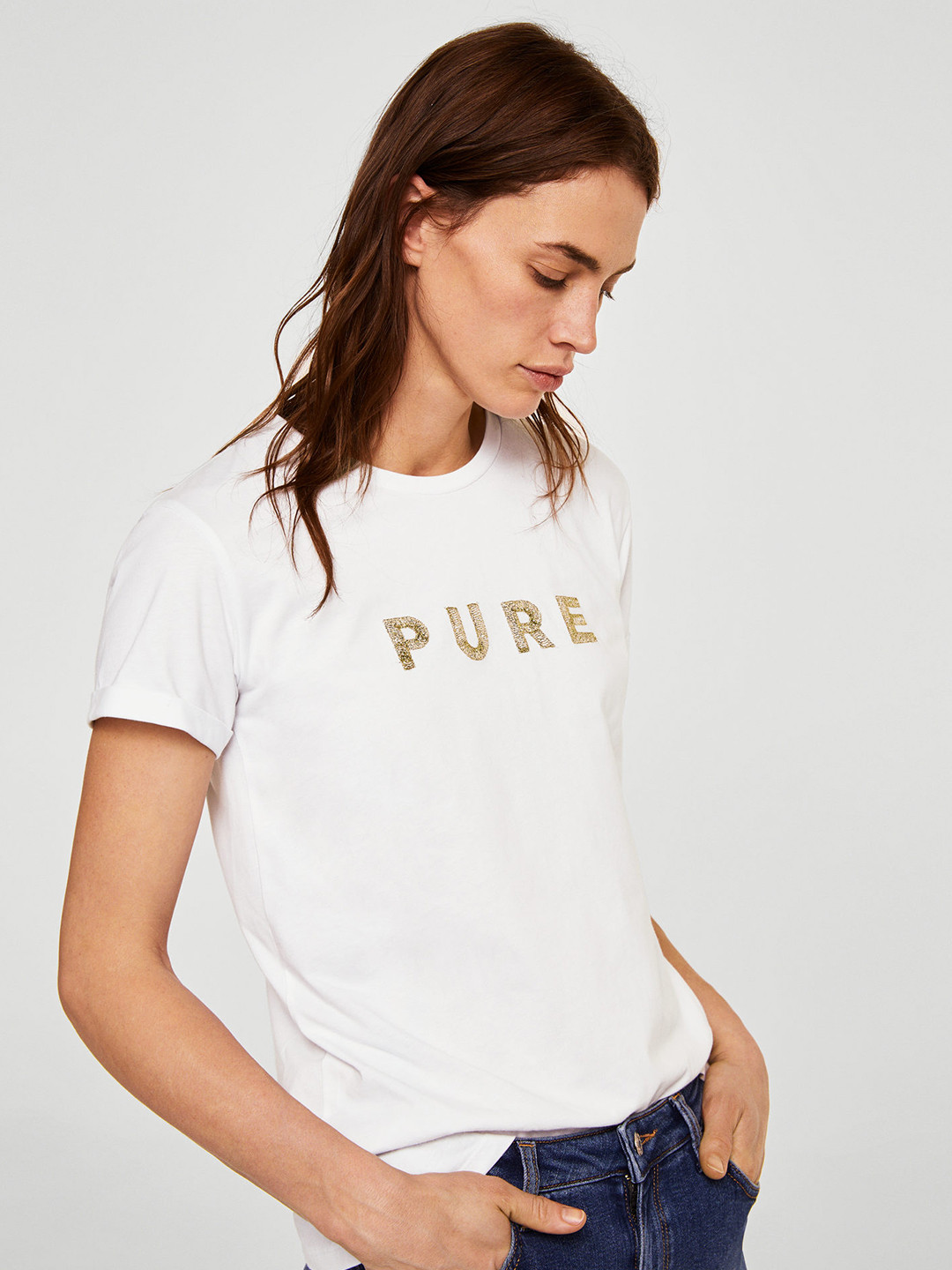 Buy MANGO Women White Solid Round Neck T Shirt - Tshirts for Women ...