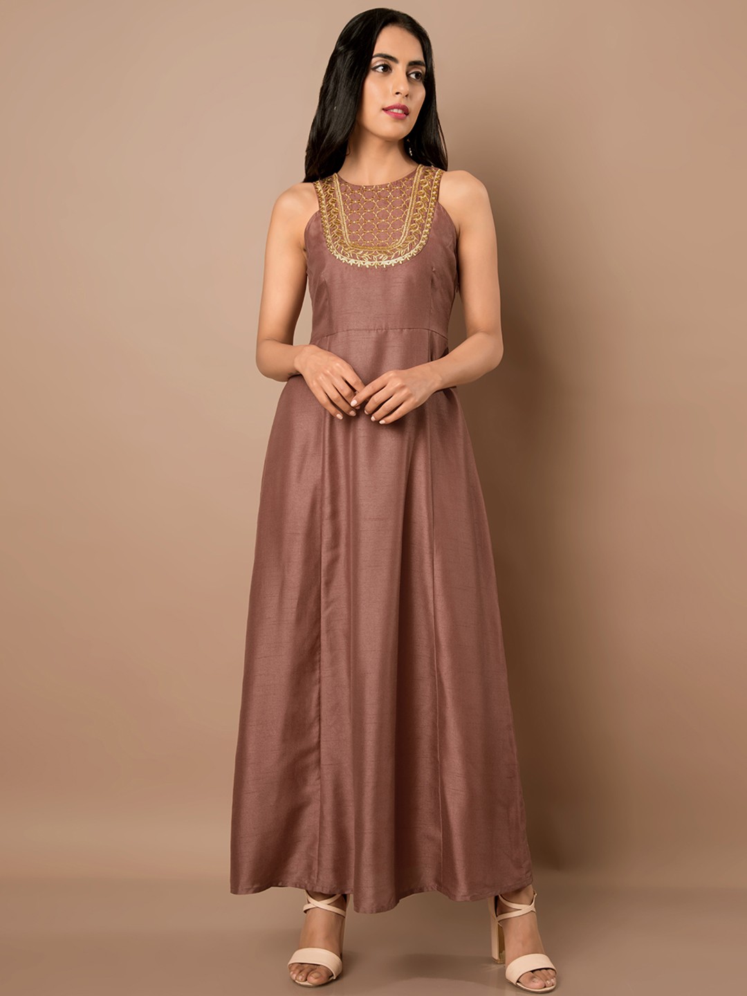 Buy Indya Women Brown Embroidered A Line Kurta Kurtas For Women