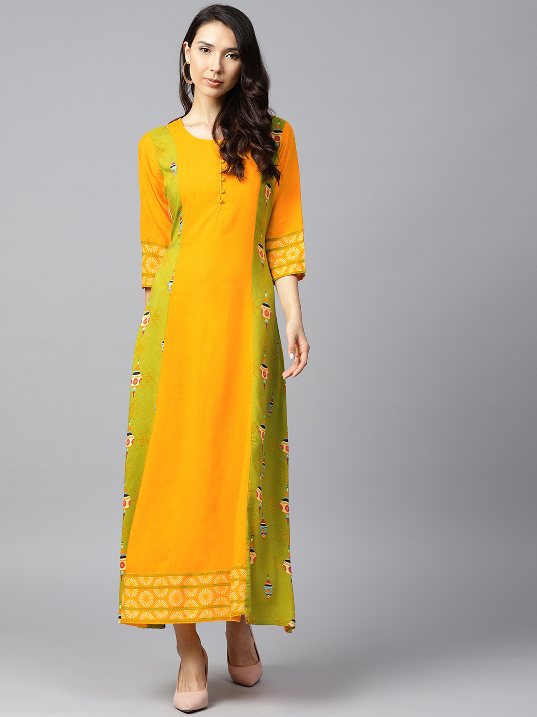 Buy Shree Women Yellow & Green Printed Maxi Dress - Dresses for Women ...
