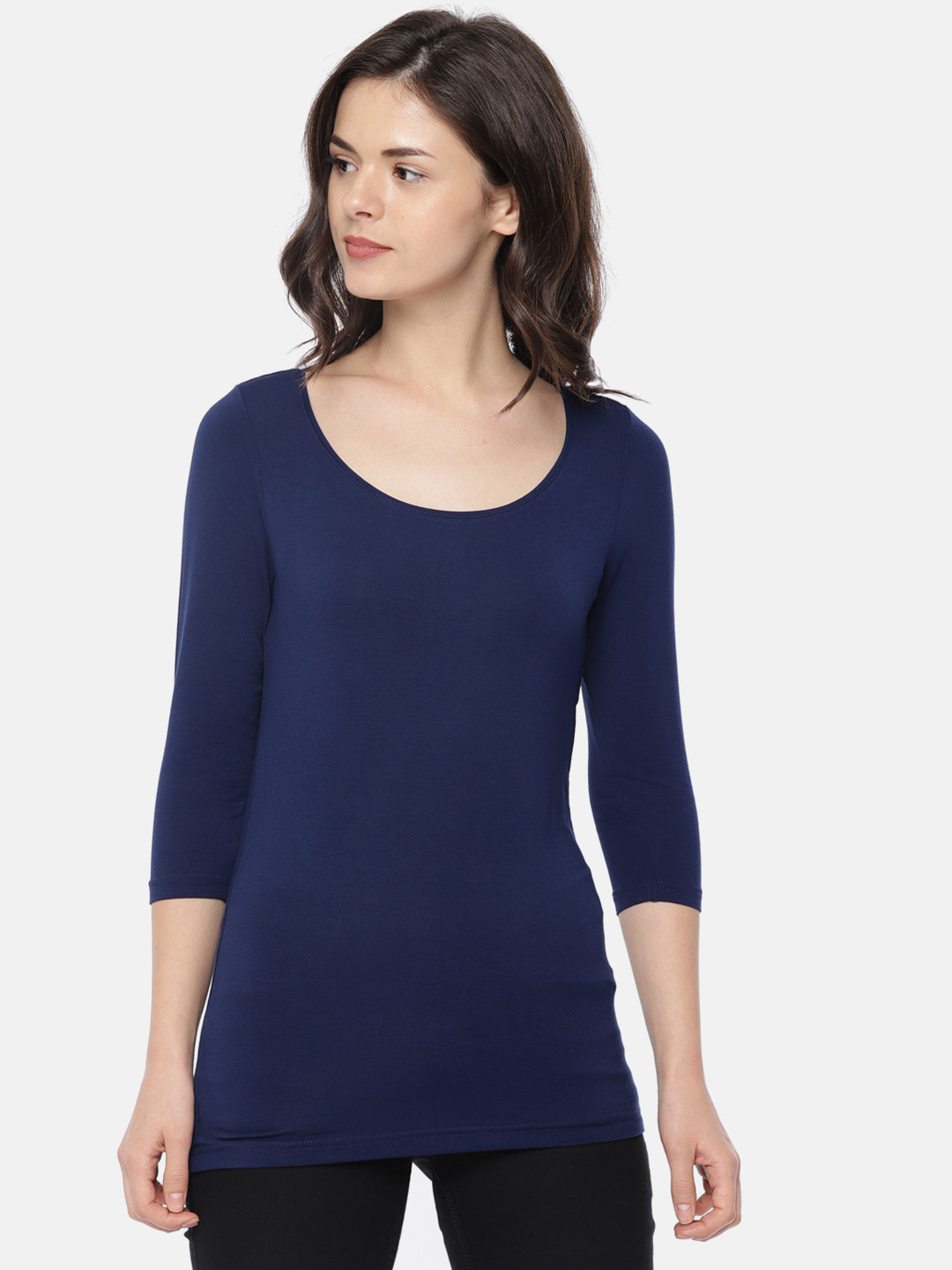 Buy CODE By Lifestyle Women Navy Blue Solid Top - Tops for Women ...