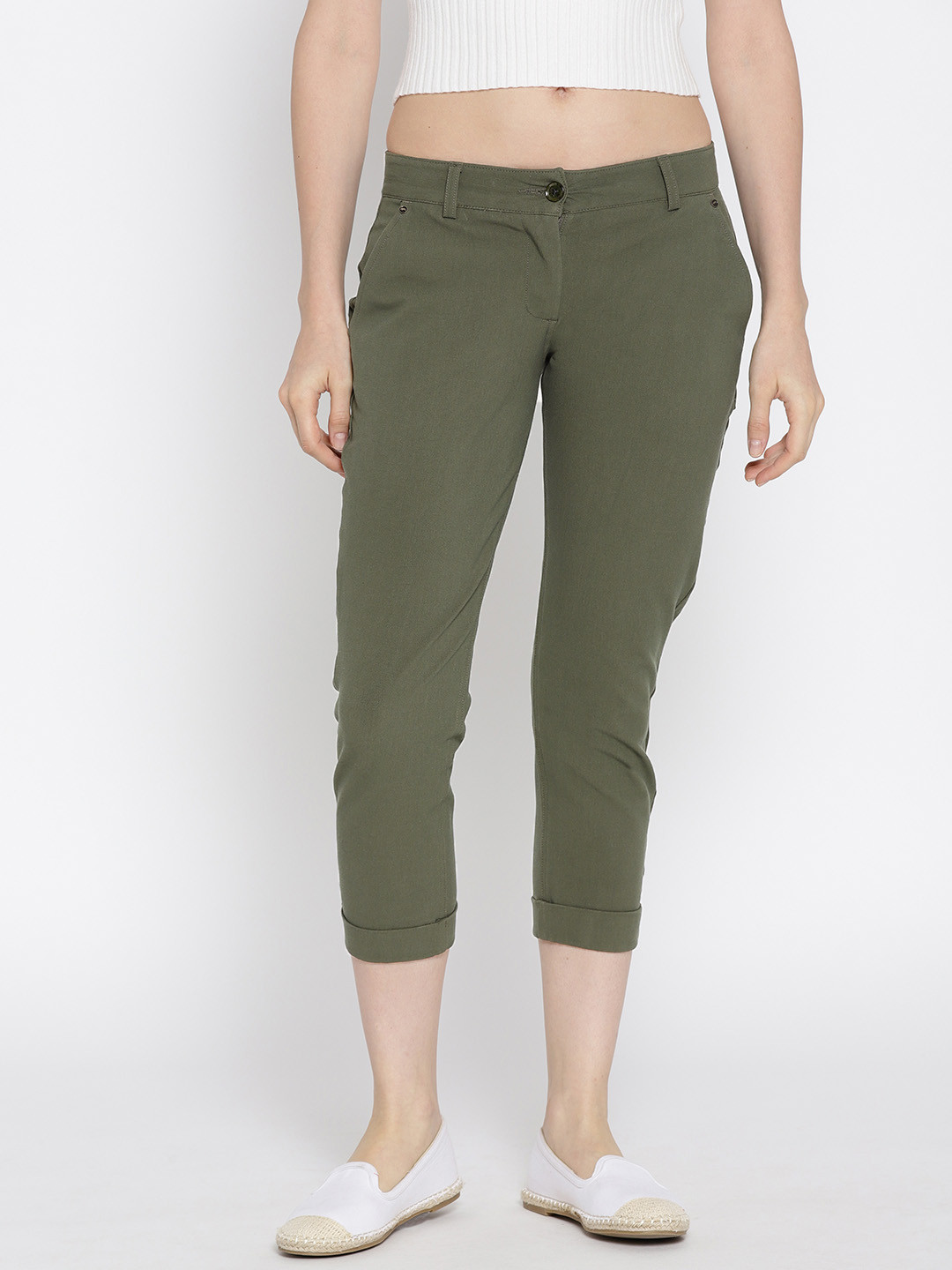 Buy JUMP USA Women Olive Green Skinny Fit Solid Capris - Capris for ...