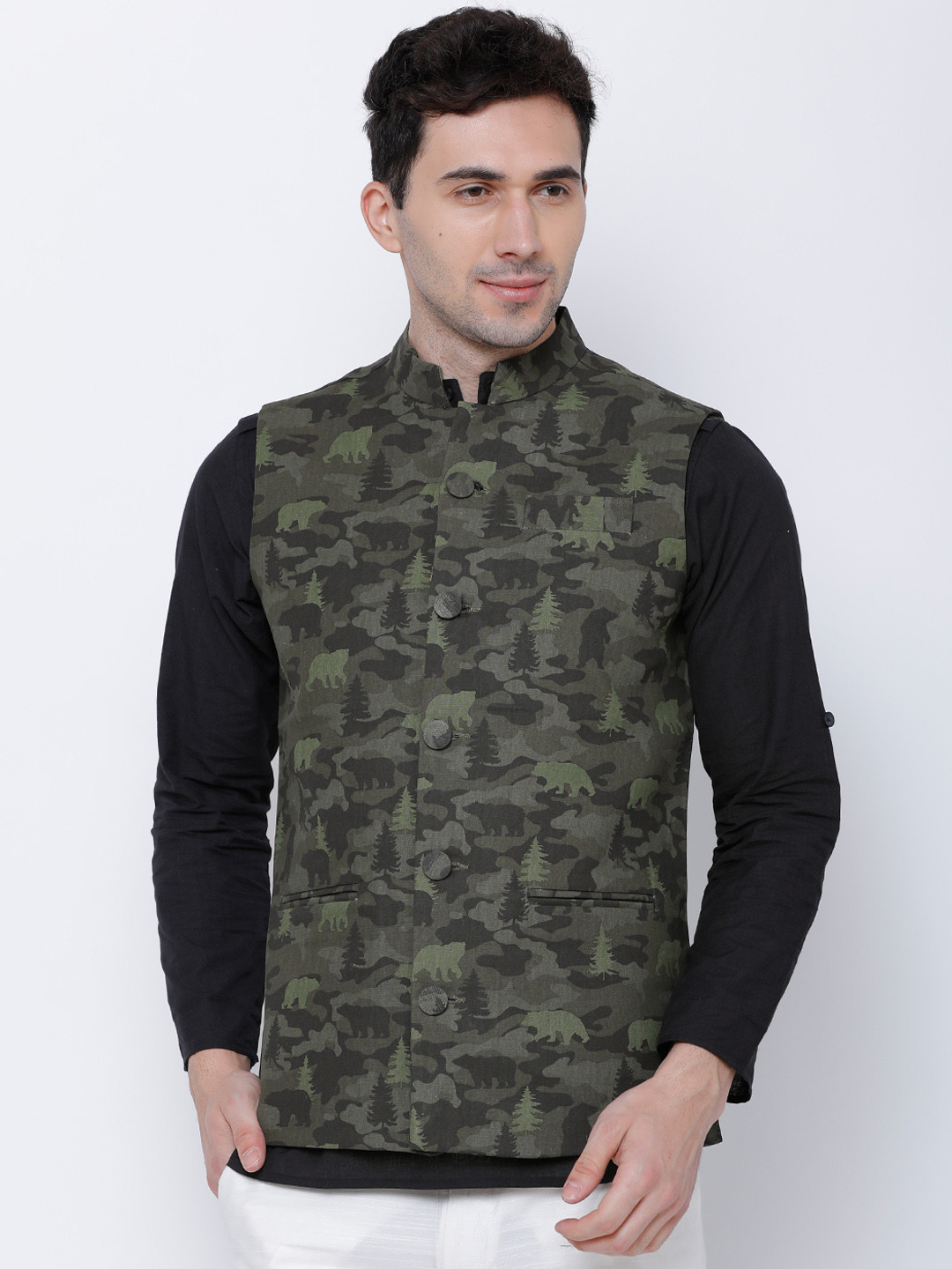 Buy Svanik Men Olive Camouflage Print Pure Cotton Nehru Jacket - Nehru ...