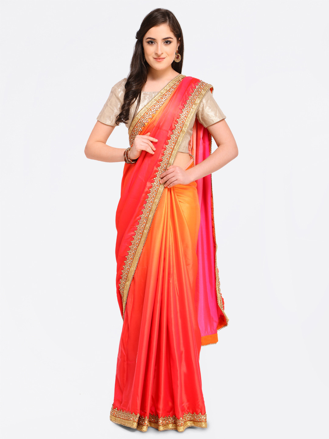Buy RIYA Red & Orange Poly Silk Embroidered Saree - Sarees for Women ...