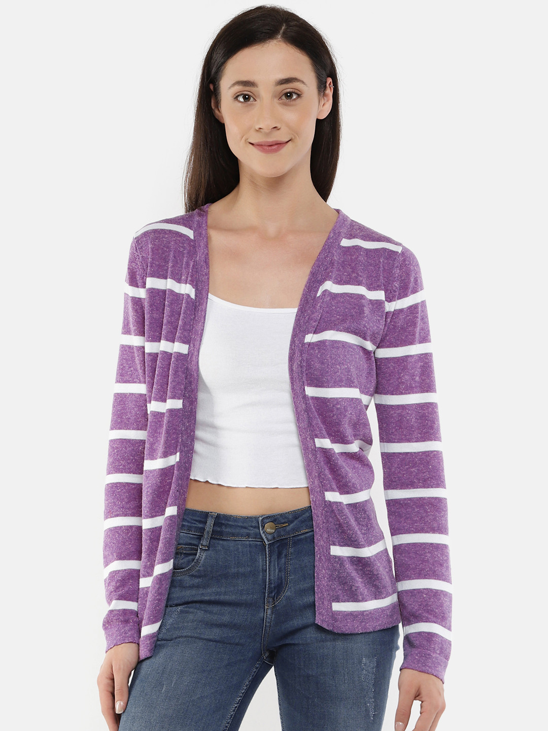 Buy Manola Purple & White Striped Open Front Shrug - Shrug for Women ...