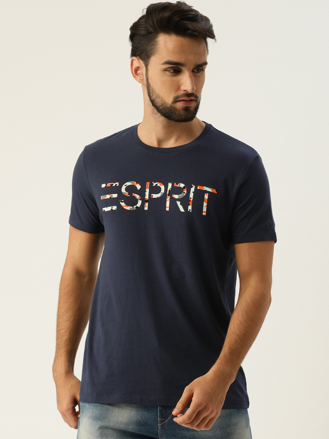 Buy ESPRIT Men Navy Printed Round Neck Pure Cotton T Shirt - Tshirts ...