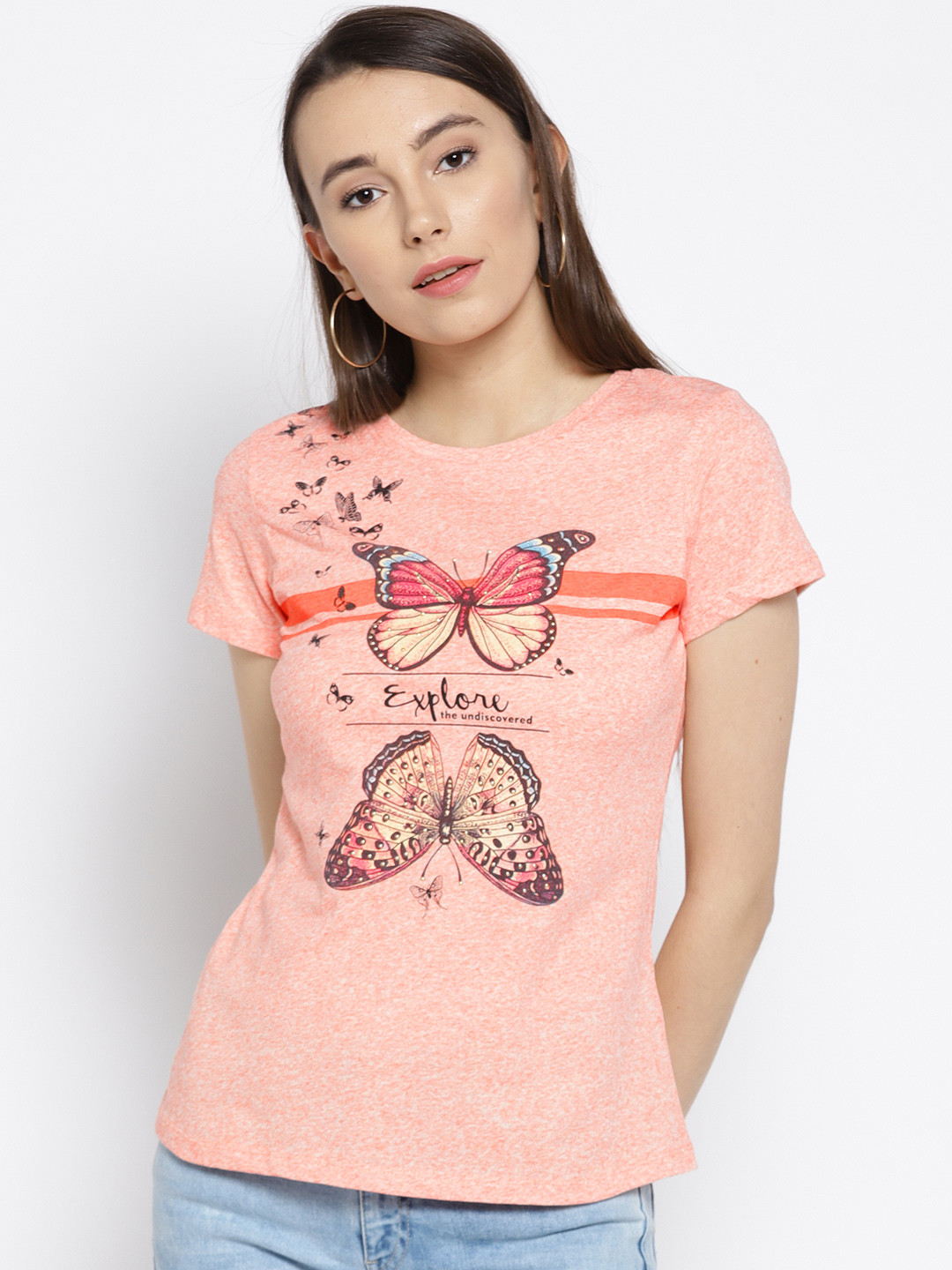 Buy OPt Women Peach Coloured Printed Round Neck T Shirt - Tshirts for ...
