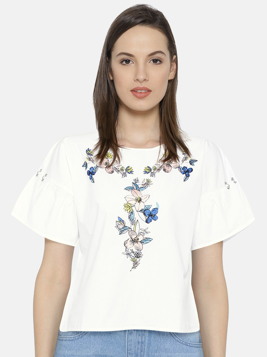 Buy Madame Women White Embroidered Pure Cotton Top - Tops for Women ...