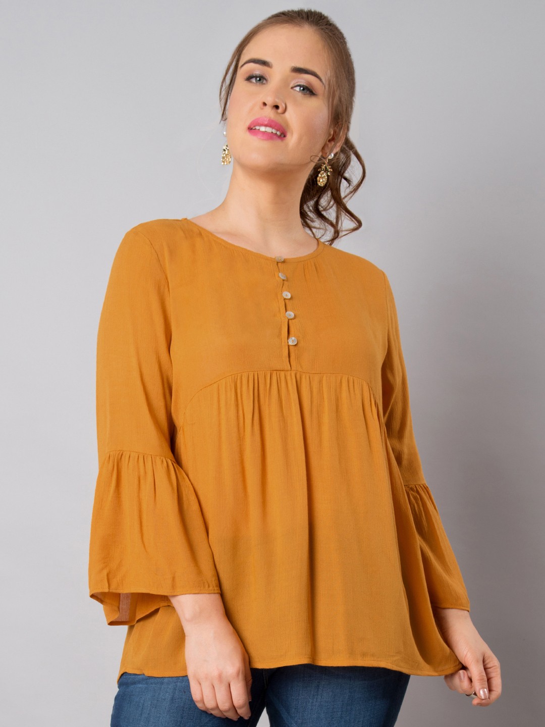 Buy Faballey Curve Plus Size Women Mustard Yellow Solid Empire Top