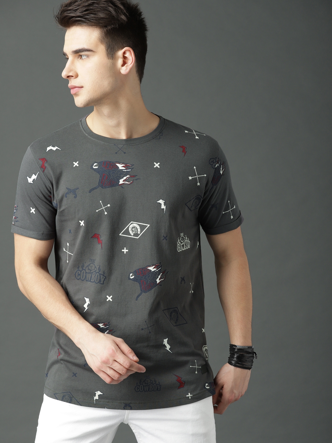 Buy Roadster Men Charcoal Grey Printed Round Neck Pure Cotton T Shirt