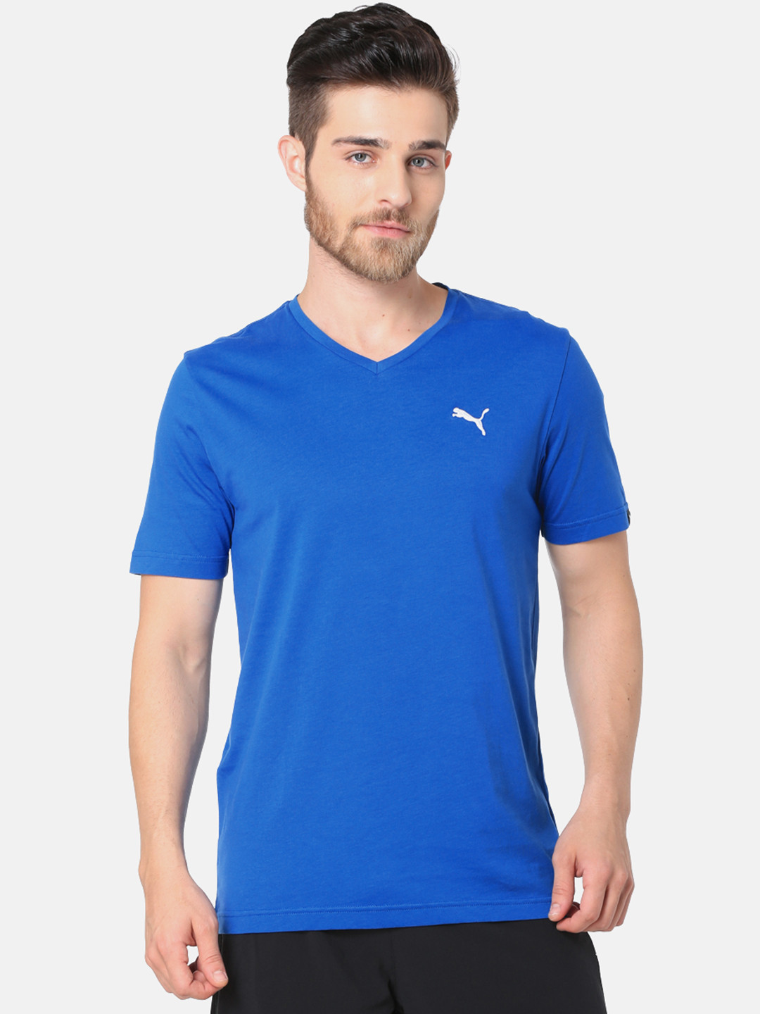 Buy Puma Men Blue Solid ESS V Neck DryCELL Pure Cotton T Shirt ...