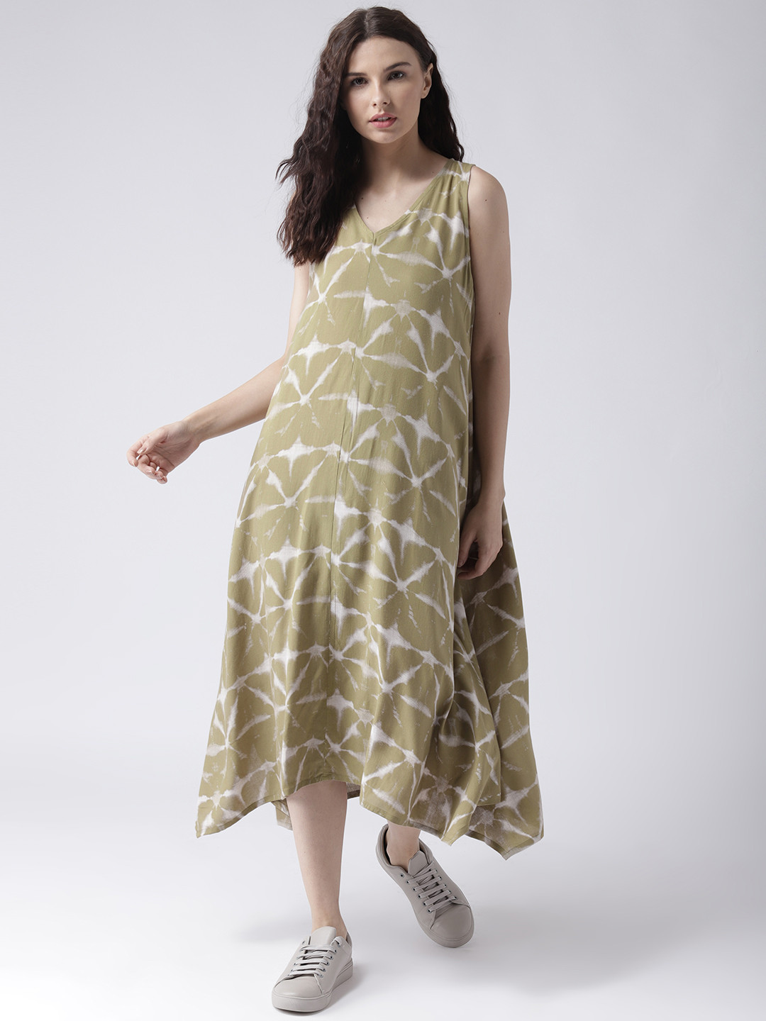 Buy Pinwheel Women Olive Green Printed A Line Dress - Dresses for Women ...