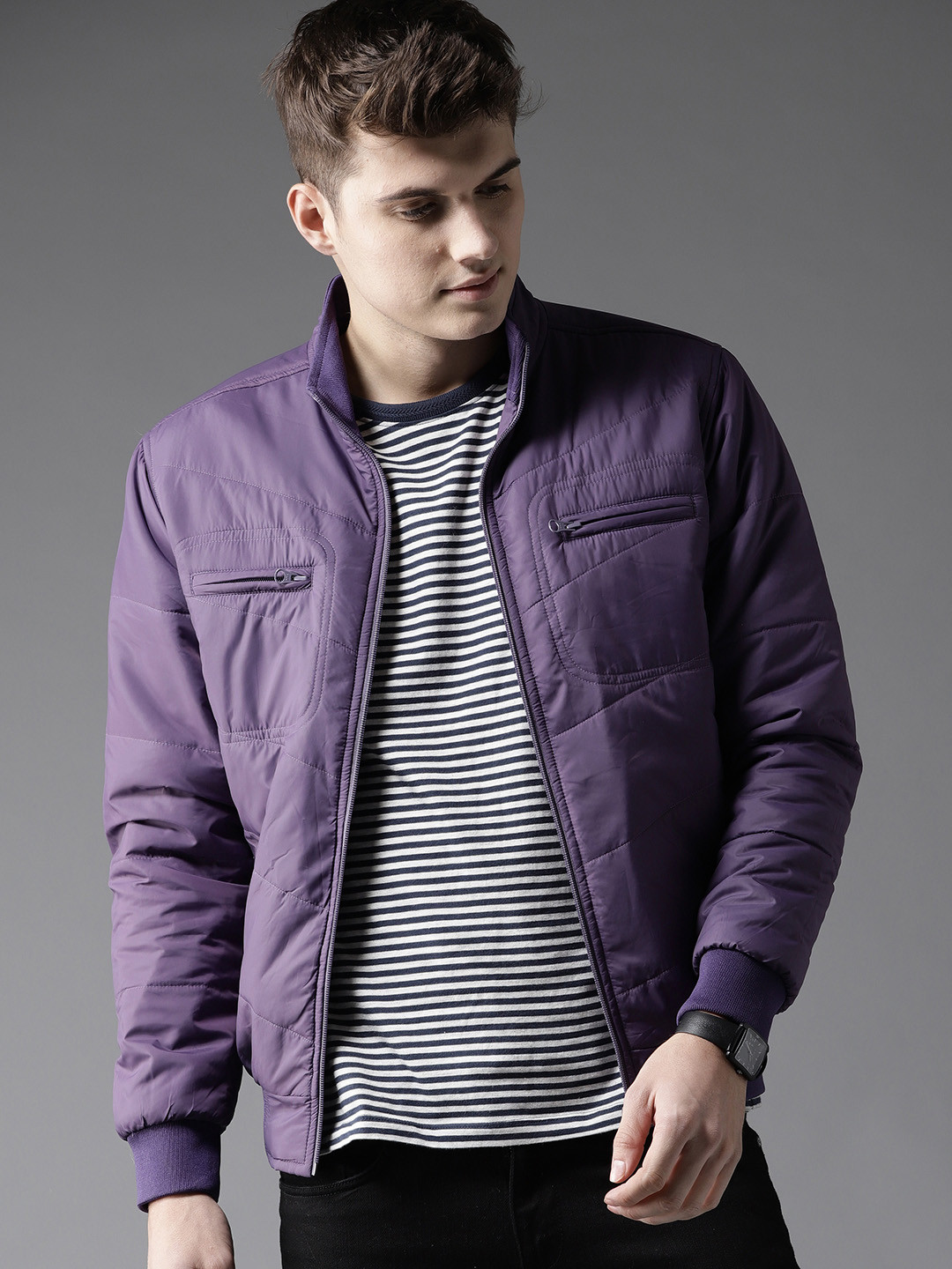 Buy HERE&NOW Men Purple Solid Bomber Jacket - Jackets for Men 6786827 ...