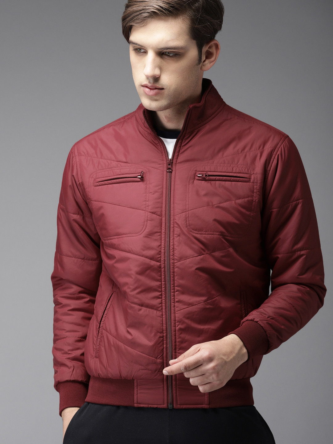 Buy HERE&NOW Men Maroon Solid Bomber - Jackets for Men 6786833 | Myntra