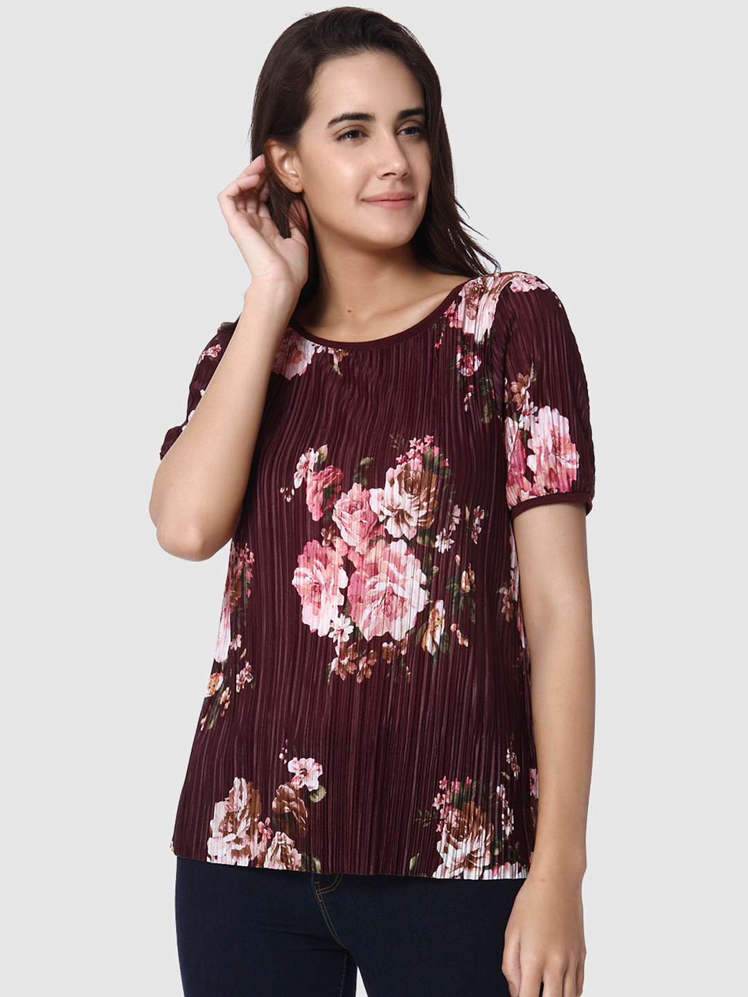 Buy Vero Moda Women Burgundy Accordion Pleated Printed Top - Tops for ...