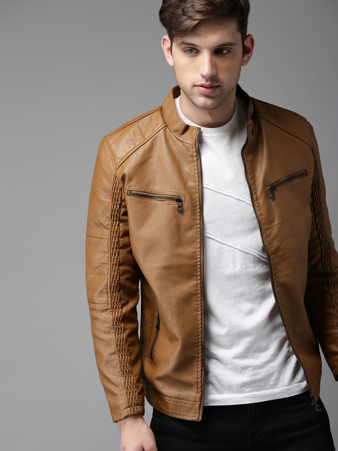 Buy Moda Rapido Men Tan Brown Solid Biker Jacket - Jackets for Men ...