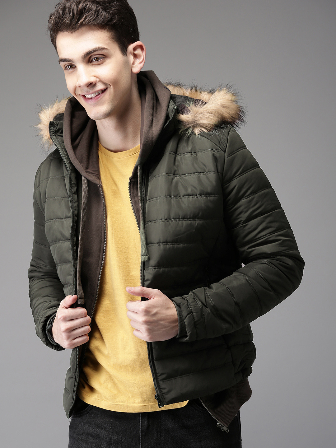 Buy HERE&NOW Men Olive Green Solid Parka - Jackets for Men 6788917 | Myntra