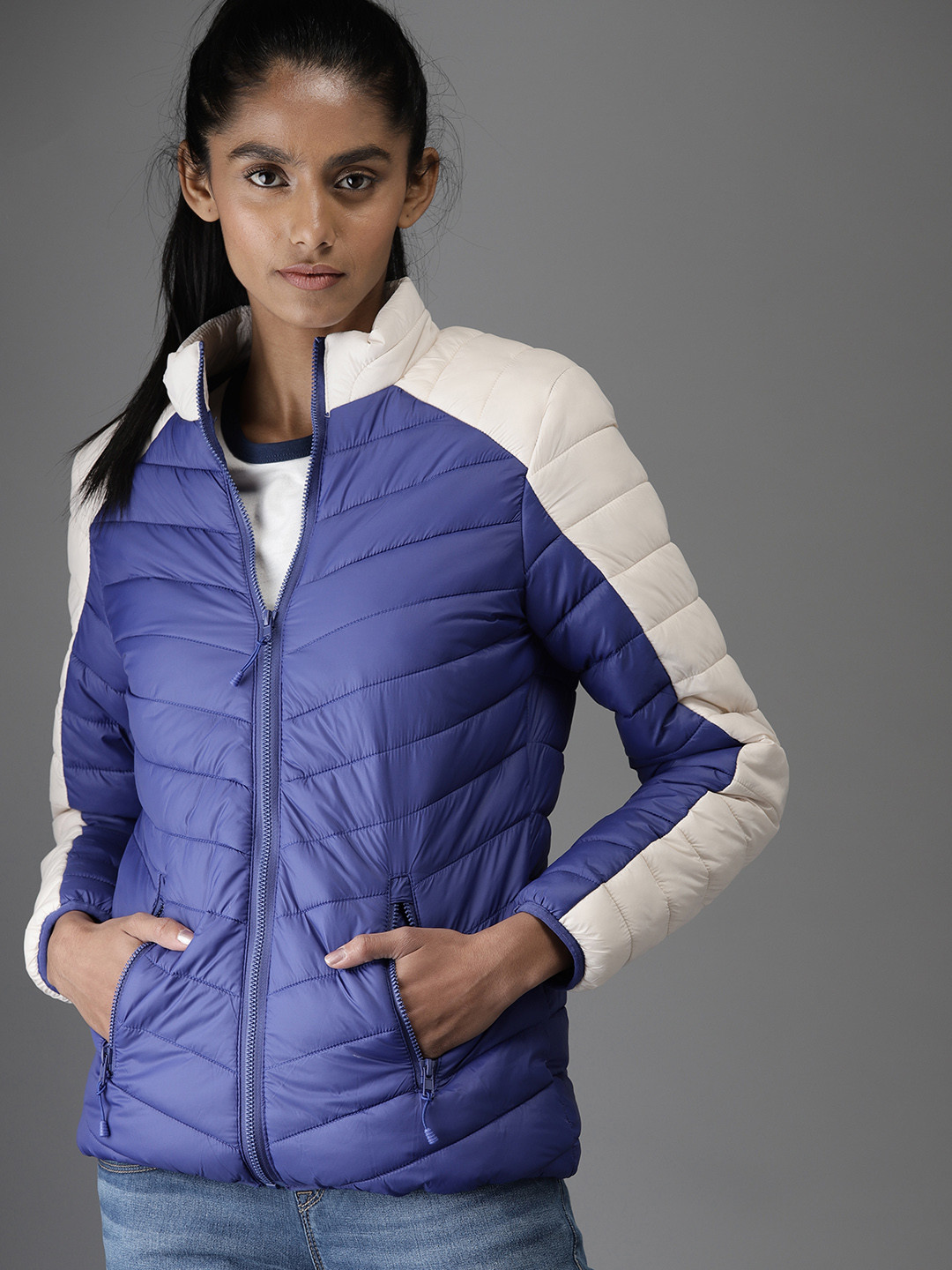 Buy Moda Rapido Women Blue & Off White Solid Puffer Jacket - Jackets ...