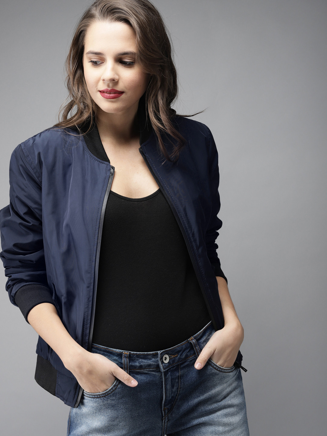 Buy Moda Rapido Women Navy Blue Solid Bomber - Jackets for Women ...