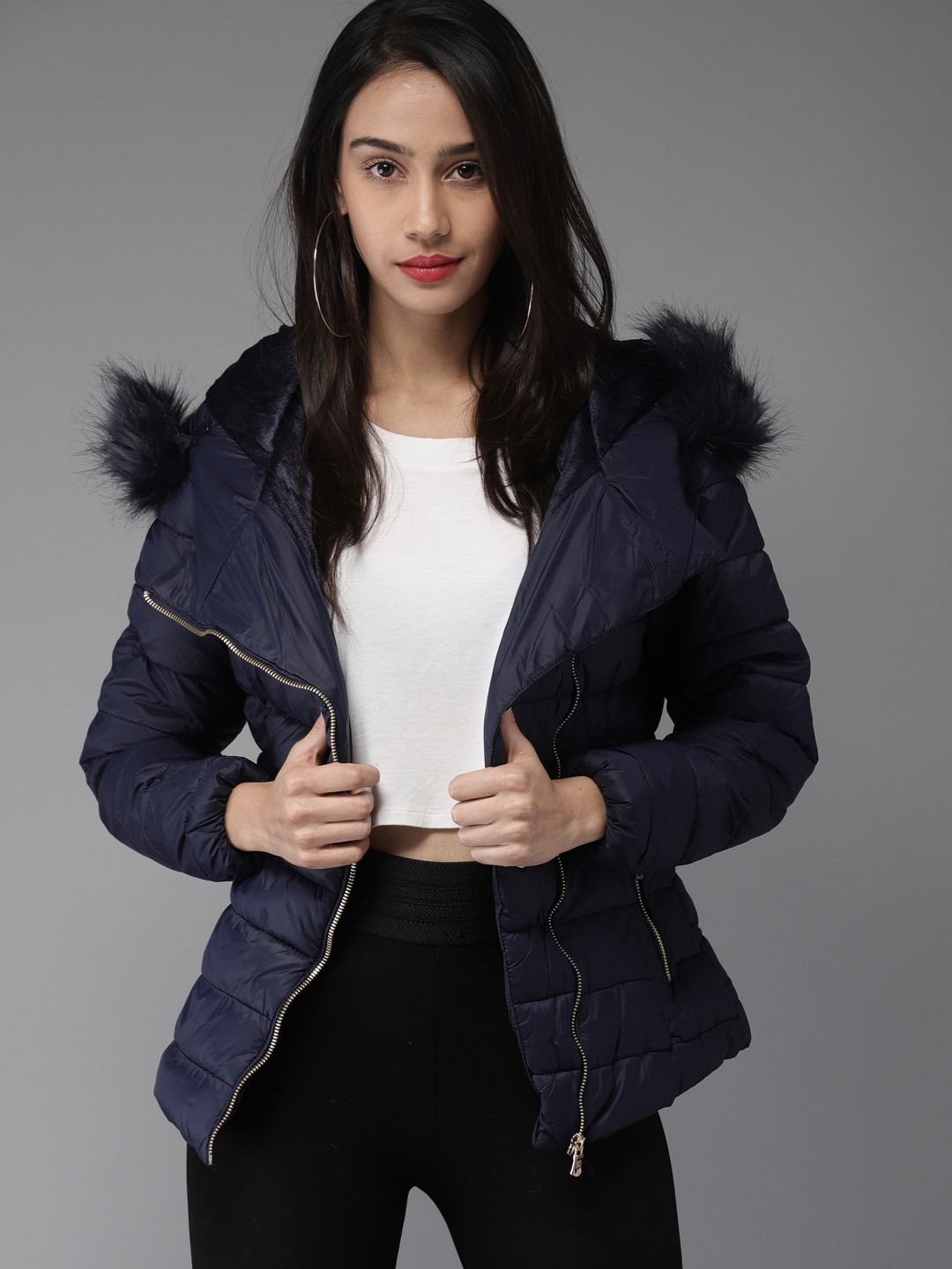Buy Moda Rapido Women Navy Blue Solid Puffer Jacket - Jackets for Women ...