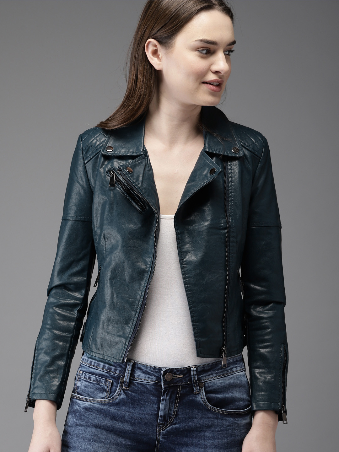 Buy Moda Rapido Women Teal Blue Solid Biker Jacket - Jackets for Women ...