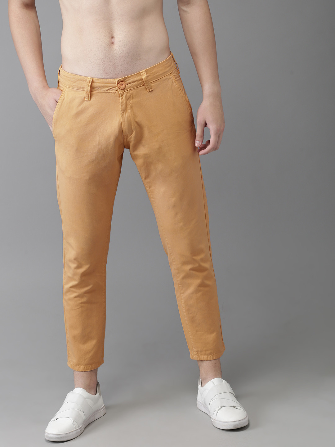 Buy HERE&NOW Men Orange Slim Fit Solid Cropped Chinos - Trousers for ...