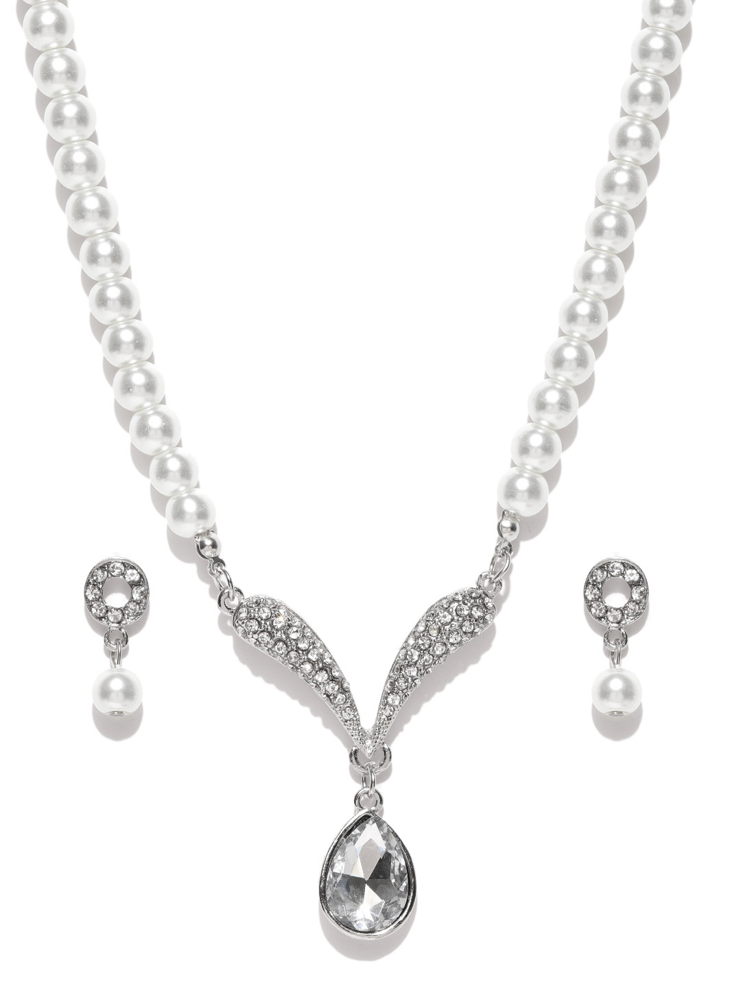 Buy Chika White & Silver Toned Stone Studded Beaded Jewellery Set ...